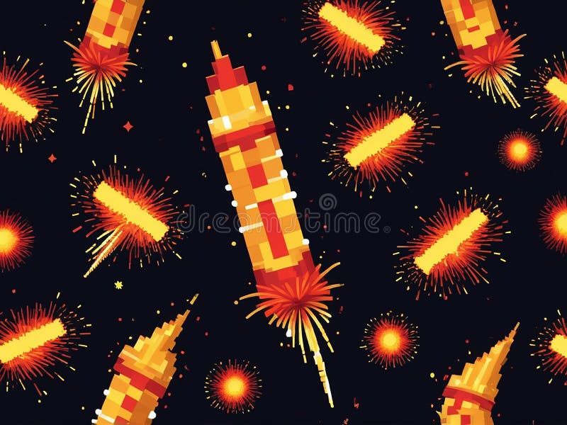 Abstract Pixel Art Firecracker Bengal Fire on Dark Background ...