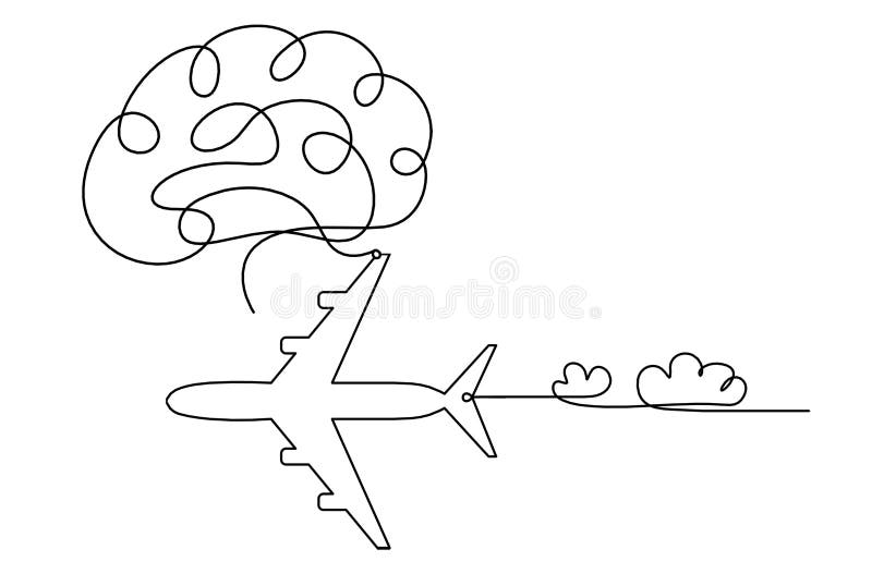Abstract Plane with Brain As Line Drawing on White Stock Illustration ...