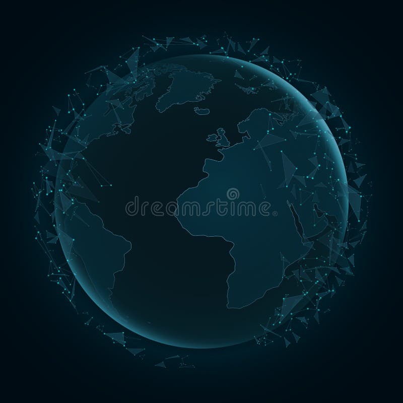 Abstract Planet Earth with Flying Triangles. World Map. Blue Lights ... Abstract Planet Earth with Flying Triangles. World Map. Blue Lights ...