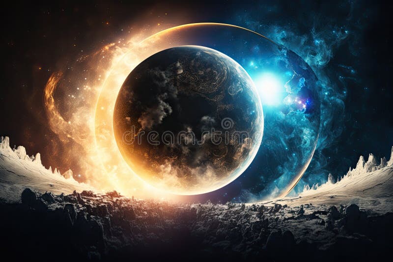 Abstract Planet Eclipse in Space. Alien Worlds with Glowing Lens Flares ...