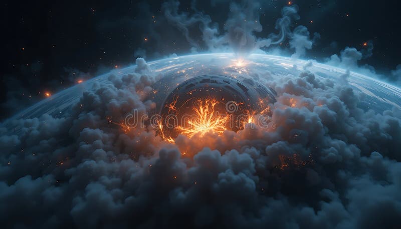 Planet with Glowing Core Emerging through Clouds in a Dark Space Stock ...