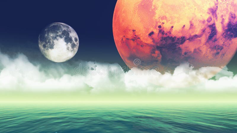 3D Landscape with Planets Over Ocean Stock Illustration - Illustration ...