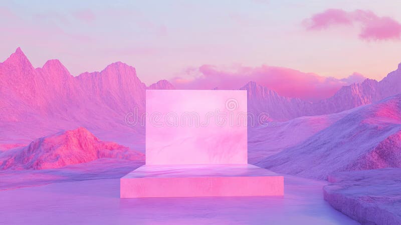 Abstract Podium in Vivid Pink Landscape with Mountains for Creative ...