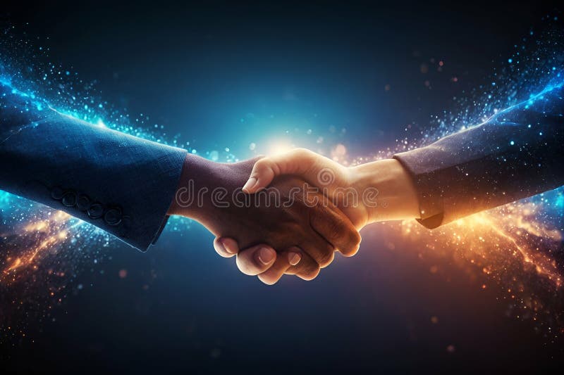 Abstract Point Glowing Particles of Shaking Hands on Dark Background ...