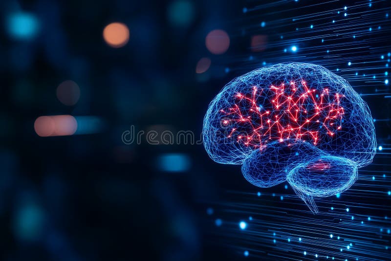 Abstract Polygonal Brain with Glowing Connections Representing Neural Networks and Technology ...
