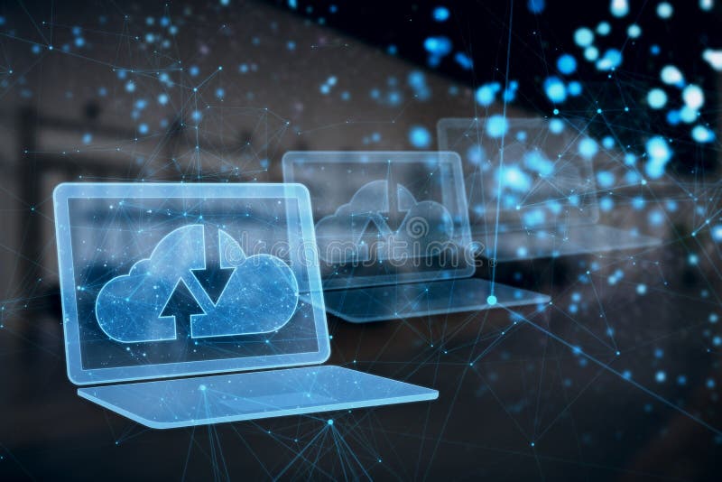 Abstract Polygonal Digital Laptop with Cloud Computing Hologram on ...