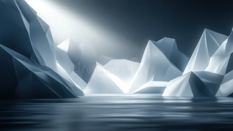 Abstract Polygonal Landscape, Illuminated by a Spotlight, with a Calm ...