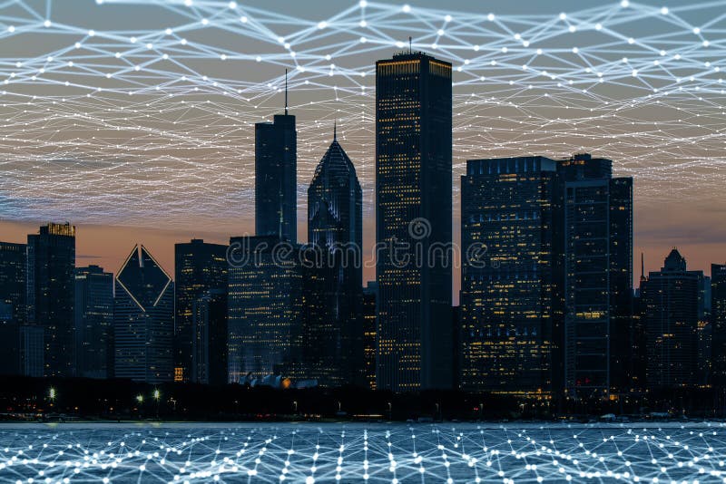 Abstract Polygonal Mesh Waterfront City Skyline Backdrop. Smart City ...