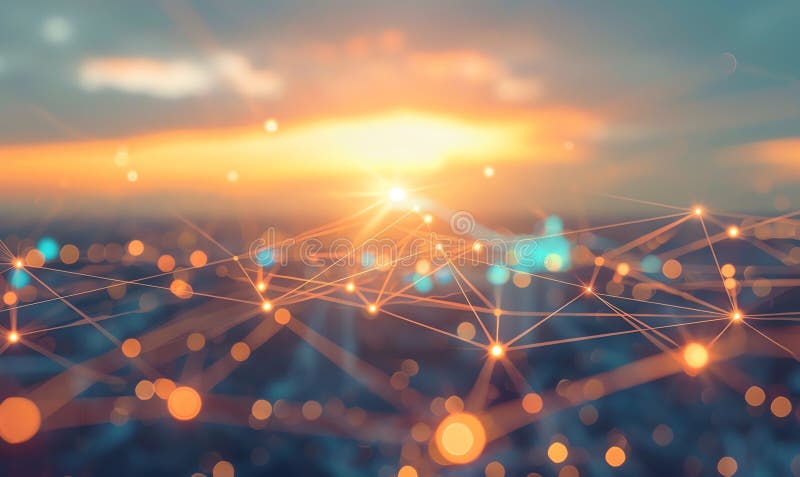 Abstract Digital Sunset Landscape Orange Blue Technology Background ...