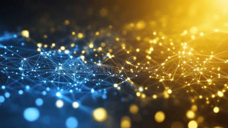 Abstract Polygonal Network Interconnected Dots and Lines in Futuristic Yellow and Blue Design ...