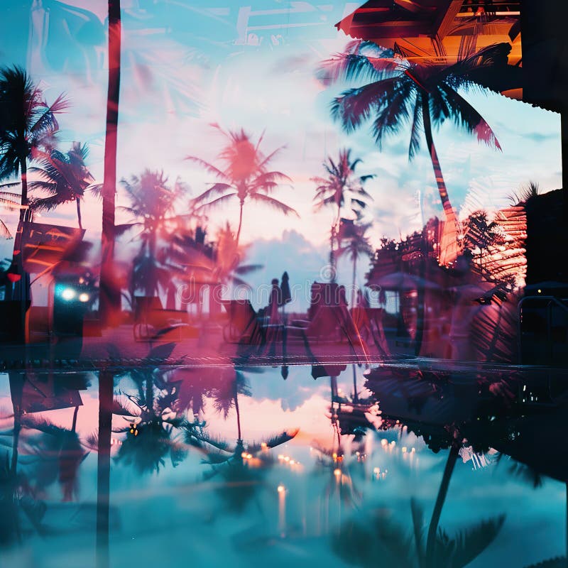 Abstract Pool Party Poster with Double Exposure of Palm Tree at Sunset ...