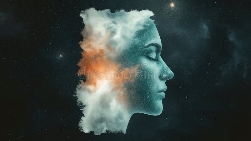 Abstract Portrait Blending Human Profile with Cosmic Elements. Female ...