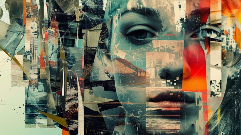 Abstract Portrait Collage with Mixed Media Elements and Fragmented ...