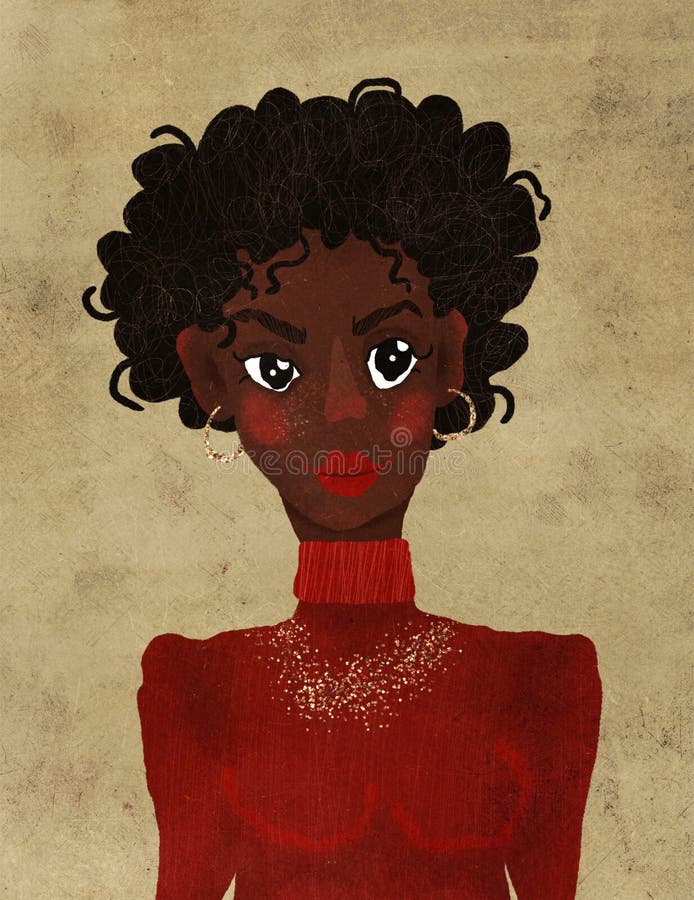 Abstract Portrait Of A Dark Skinned Curly Girl In A Red Sweater Stock