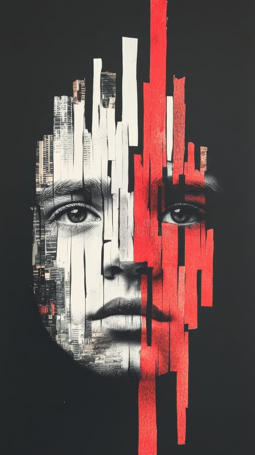 Abstract Portrait Featuring a Fragmented Face with Red and White ...