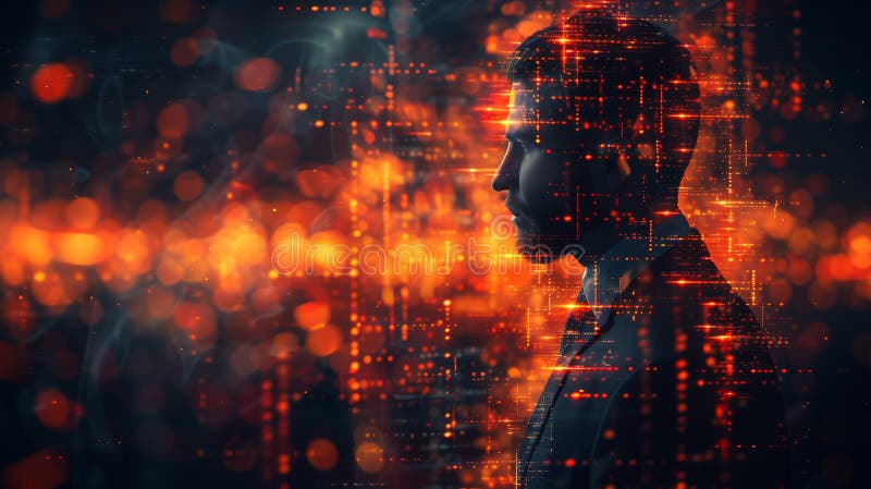 Abstract Portrait of a Man with Digital Data and Glowing Lights in the ...