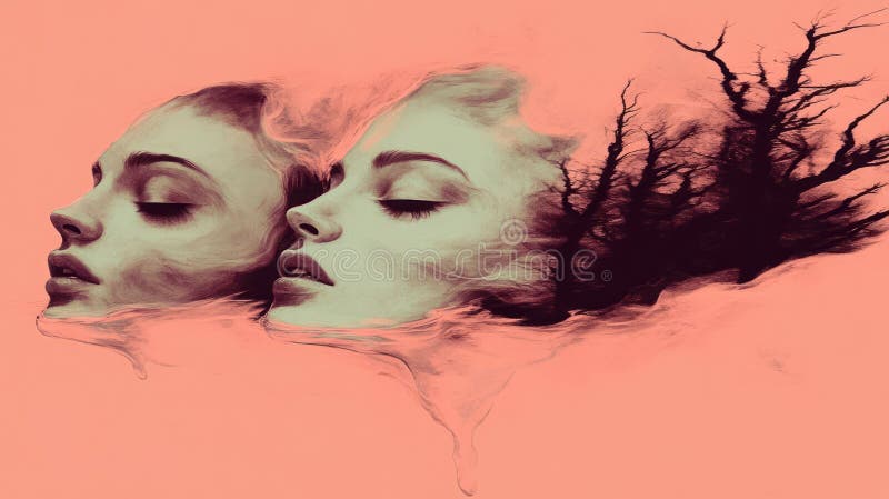 Abstract Portrait of Two Faces Merging with a Surreal Landscape Stock ...