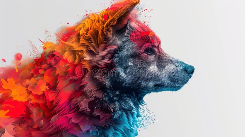Abstract Portrait of a Wolf in Vibrant Colors, with Splashes of Paint ...