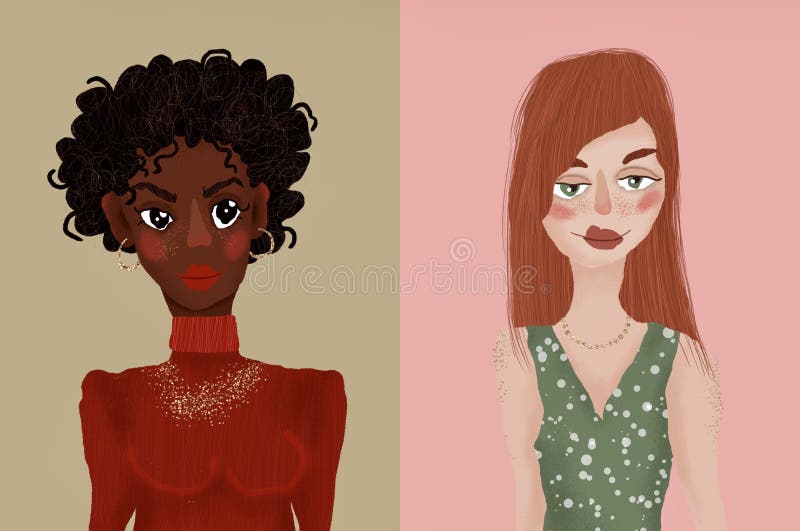Abstract Portraits Of Two Different Girls A Dark Skinned Brunette And