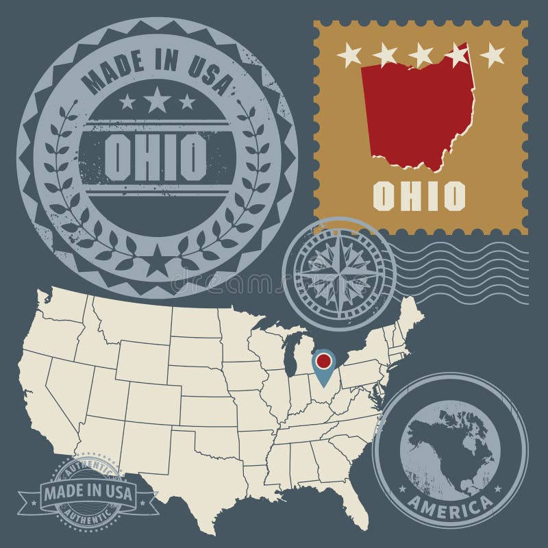 Abstract Post Stamps Set with Name and Map of Ohio, USA Stock Vector ...