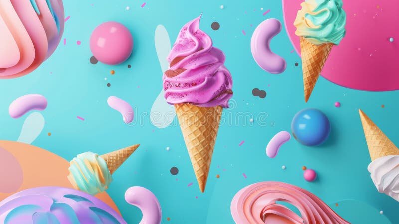 Abstract Poster Featuring Floating Ice Cream Cones with Abstract Shapes ...