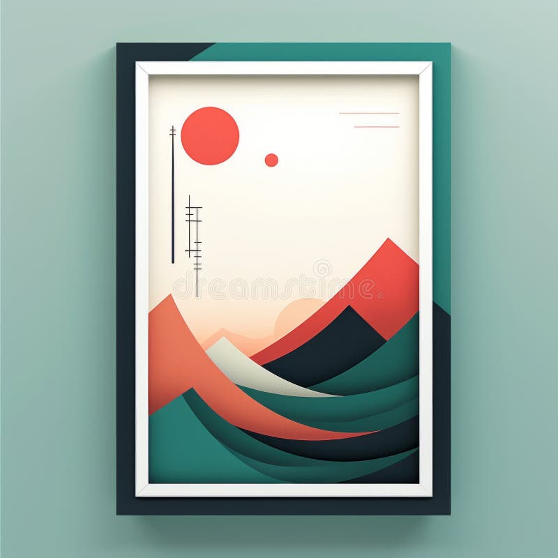 An Abstract Poster with Mountains and a Red Sun Stock Illustration ...