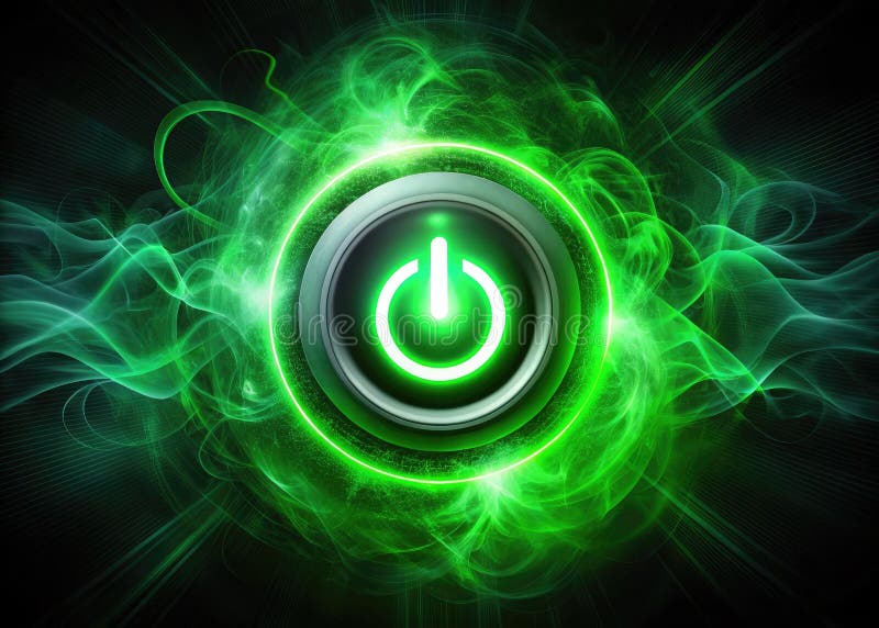 Abstract Power Button Surreal Double Exposure of a Glowing Green LED ...