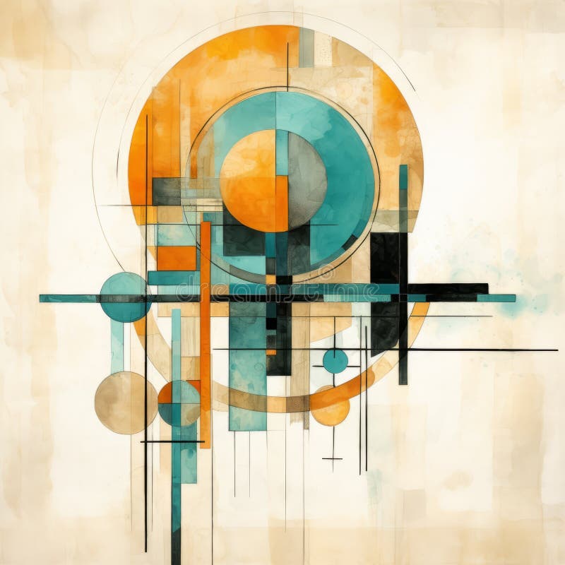 Abstract Art Deco Geometric Painting in Blue and Orange Stock ...