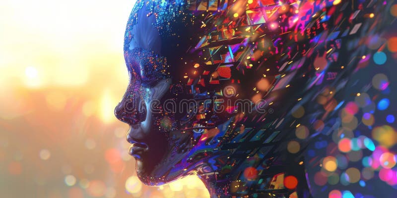 Abstract Profile of Futuristic Digital Human Face with Colorful ...