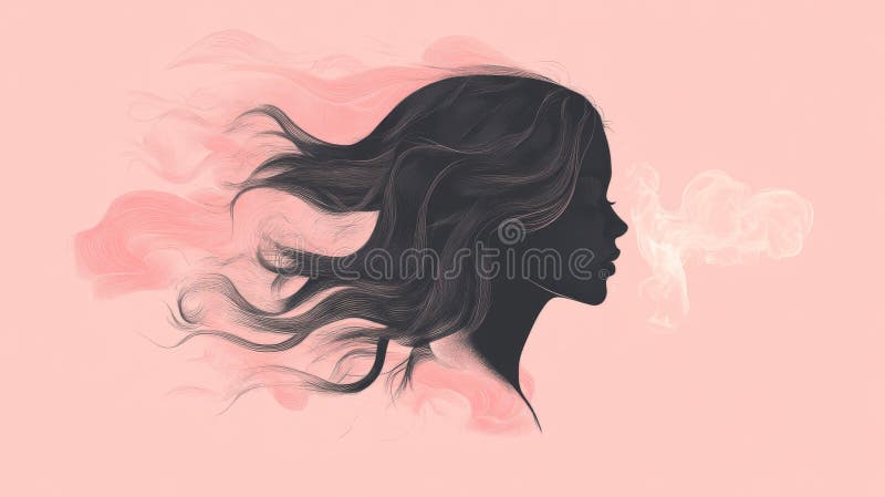 Abstract Profile of a Woman with Flowing Hair in Pink Stock ...