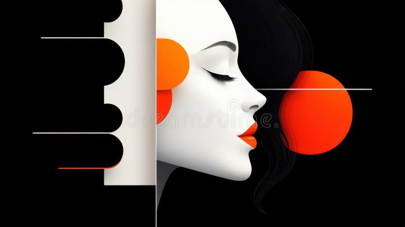 Abstract Profile of a Woman with Orange and Black Design Elements in a ...