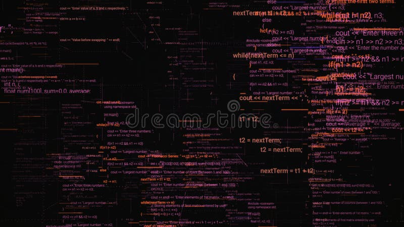 Abstract Program Code Written and Moved in the Virtual Space. Animation. Camera Moving through ...