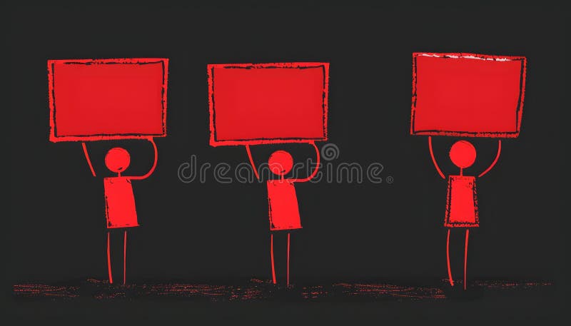 Abstract Protest Illustration with Stick Figures Holding Red Signs ...