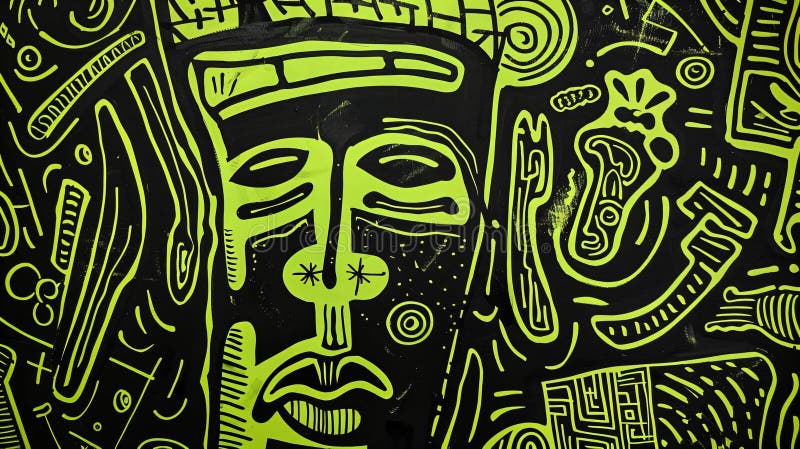 Stylized Figure Bold Neon Green Face Starlike Eyes Sits Atop Black ...