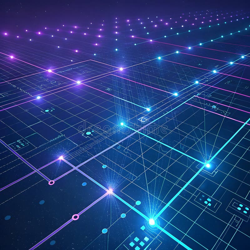 Abstract Purple and Blue Background. AI Semiconductor Chip with Neon ...