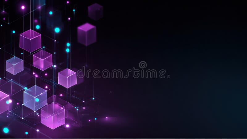 Abstract Purple and Blue Cubes Floating in a Connected Network on Black ...