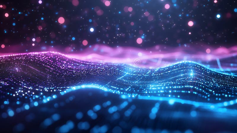 Abstract Purple and Blue Digital Wave Background with Glowing Particles ...