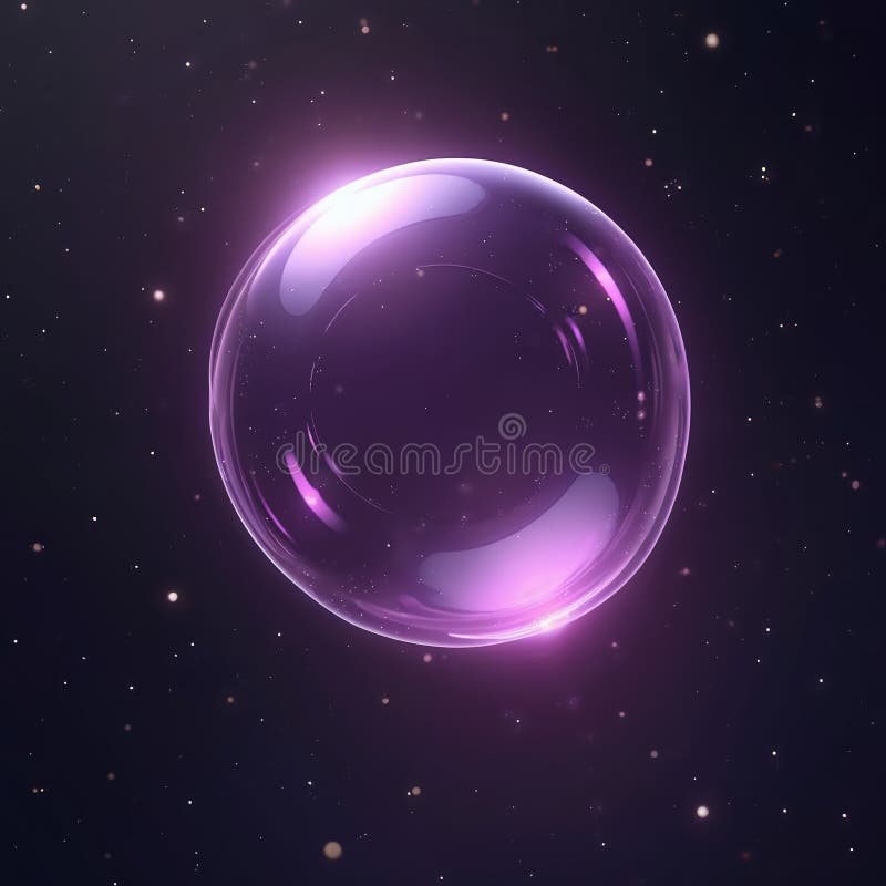 Abstract Purple Bubble Sphere Floating in Dark Space with Glowing Dots. Round Circle Light Orb ...