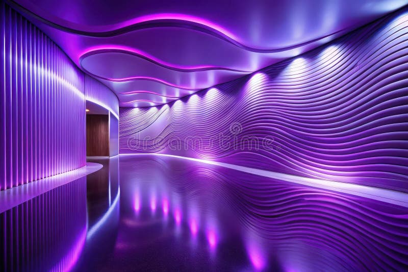 Abstract Purple Corridor with Wave Pattern Walls and Reflective Floor ...