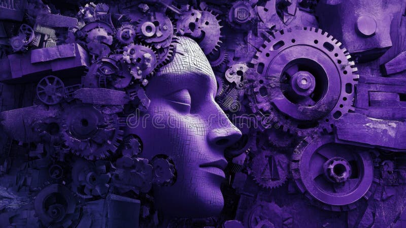Abstract Purple Mechanical Face Surrounded by Interlocking Gears and ...
