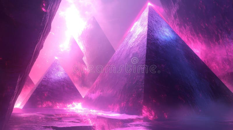 Abstract Purple Pyramids Structure with Glowing Neon Lights in a ...
