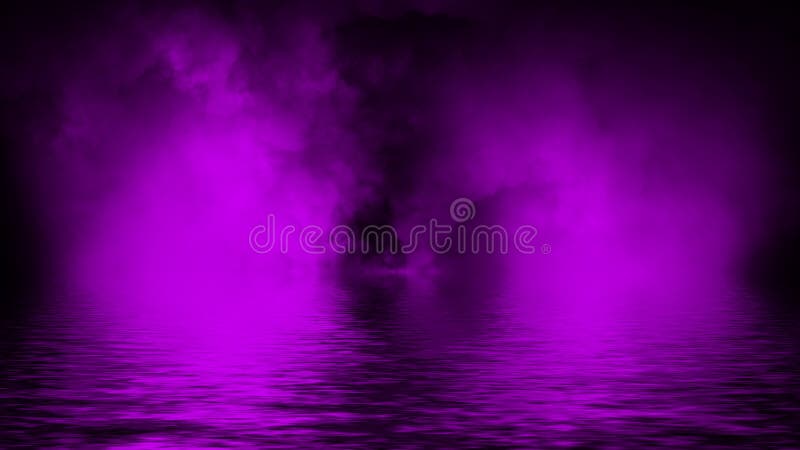 Abstract Purple Smoke with Reflection in Water .Lighting Spotlighting ...