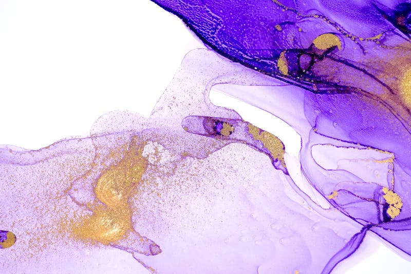 Abstract Purple Stains on White Background. Violet and Gold Watercolor ...