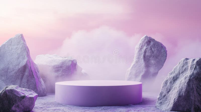 Abstract Purple Stone Platform with Mist and Rocks in Surreal ...
