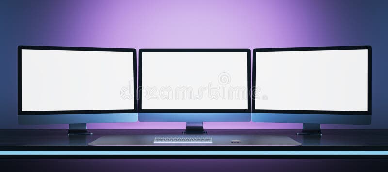 Abstract Workplace with Three Empty White Mock Up Computer Screens ...