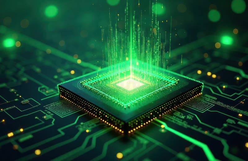 Abstract Quantum Computer Chip Core Glows Vibrant Green Light. Swirling Data Streams, Complex ...