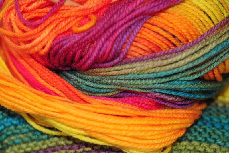Abstract of Rainbow Colored Acrylic Knitting Threads Placed on Ready ...