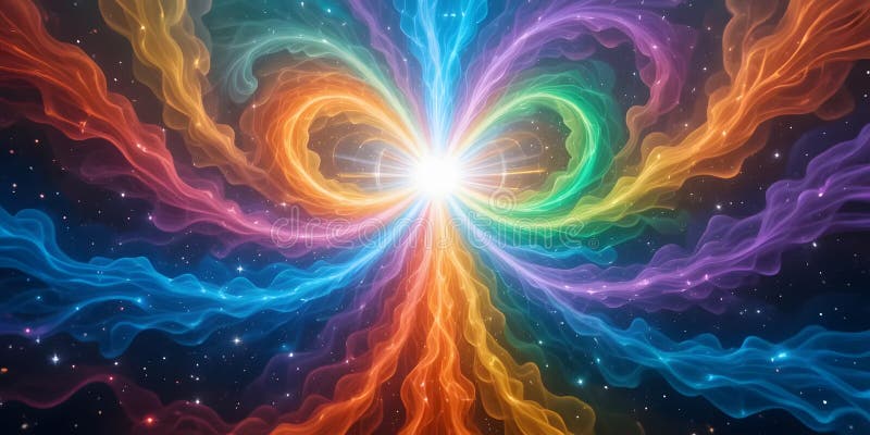 Abstract Rainbow Energy Flowing from Central Light with Stars in ...