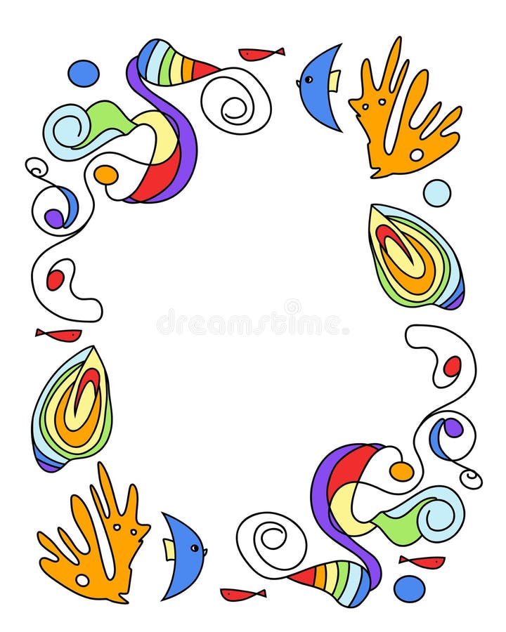 Abstract Vector Rainbow Underwater Fantasy Frame with Fairy Tale Fish ...