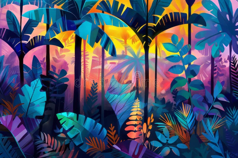 Abstract Rainforest Scene with Unique Style. Stock Illustration ...